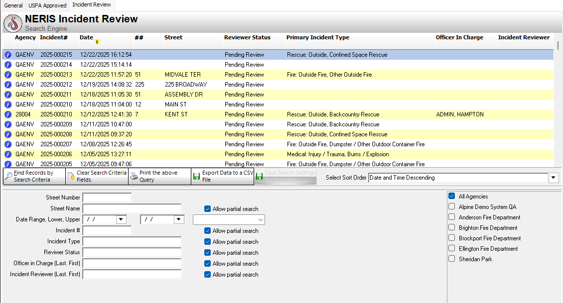 1b. NERIS Incident Review Search Tab – Alpine Software